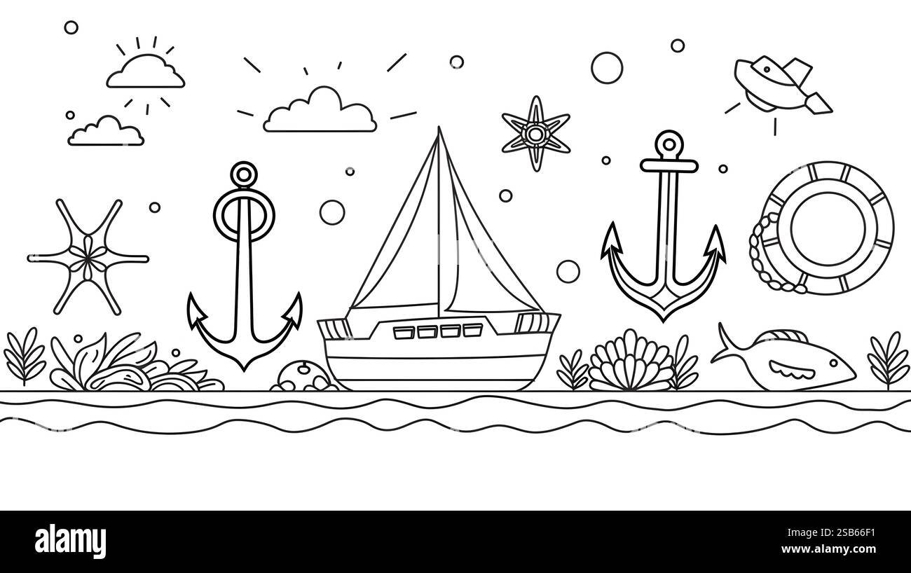 This image features a simple yet elegant outline of various nautical ...