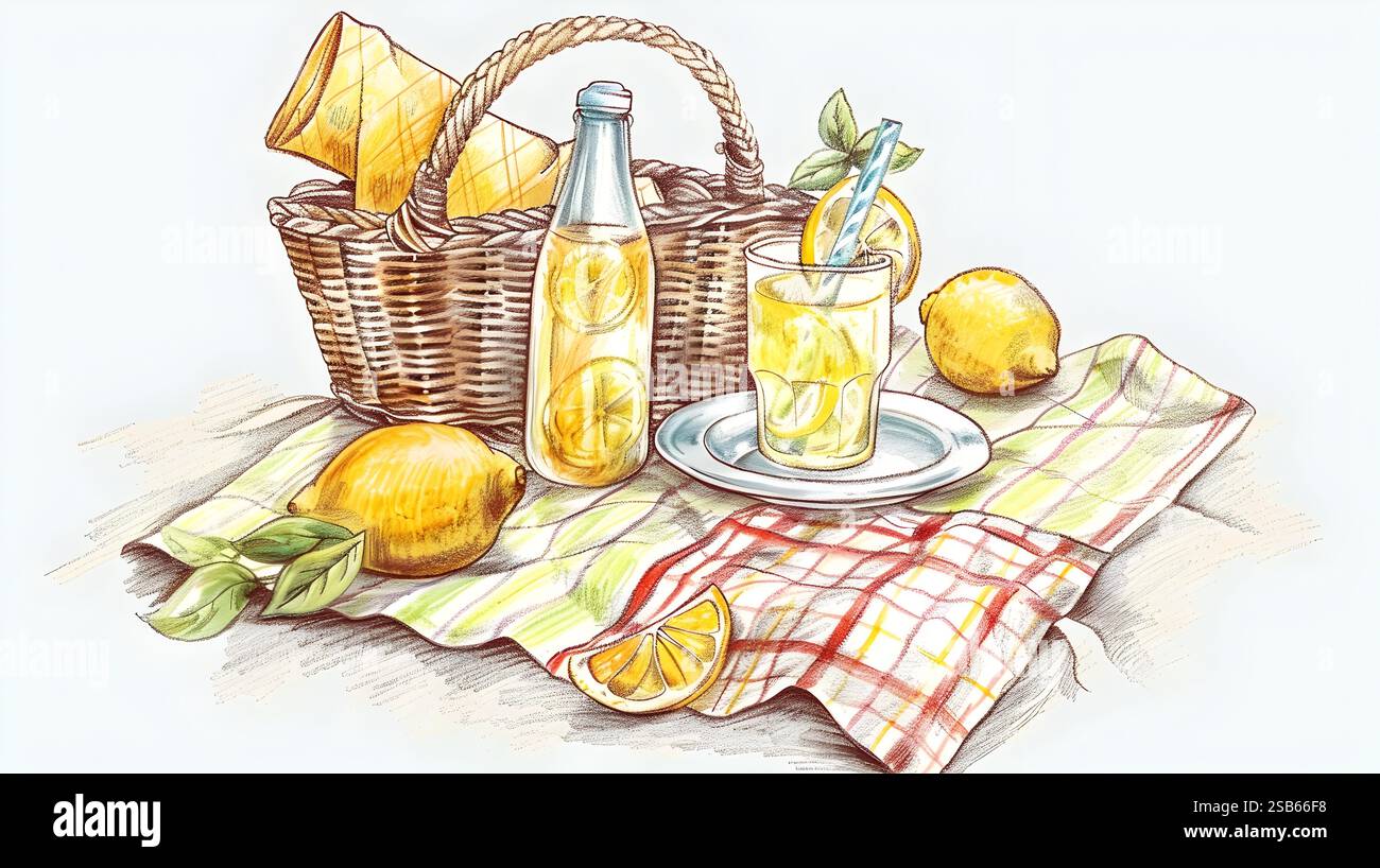 A charming,sketch-style depicting a summer picnic setup with a wicker ...