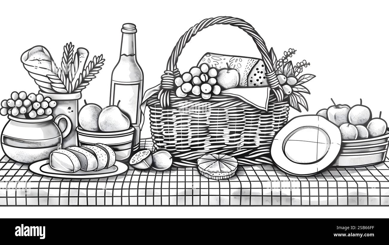 This image depicts a detailed black and white of a picnic setup It ...