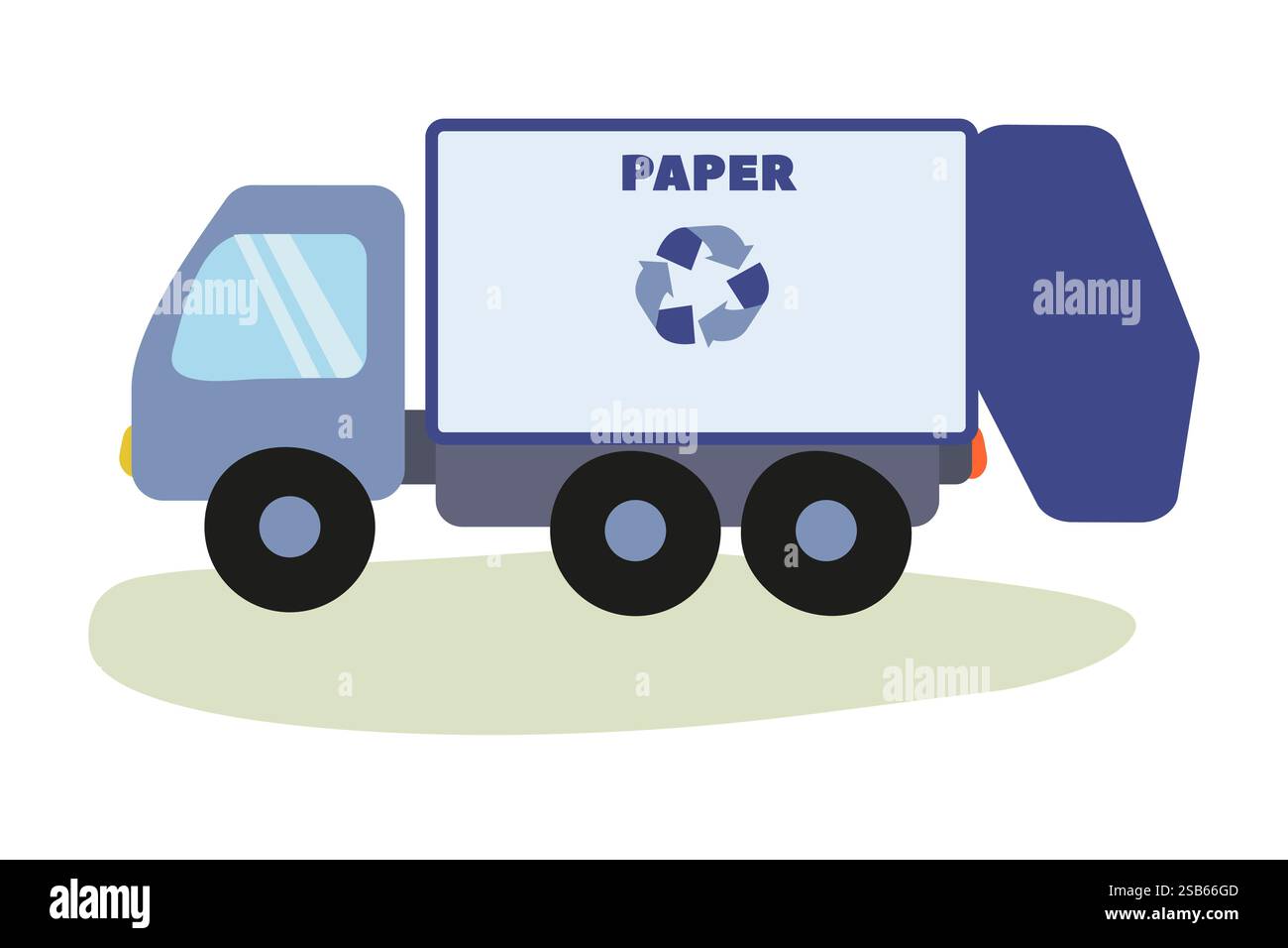 A simple illustration depicts a blue paper recycling truck on a light ...