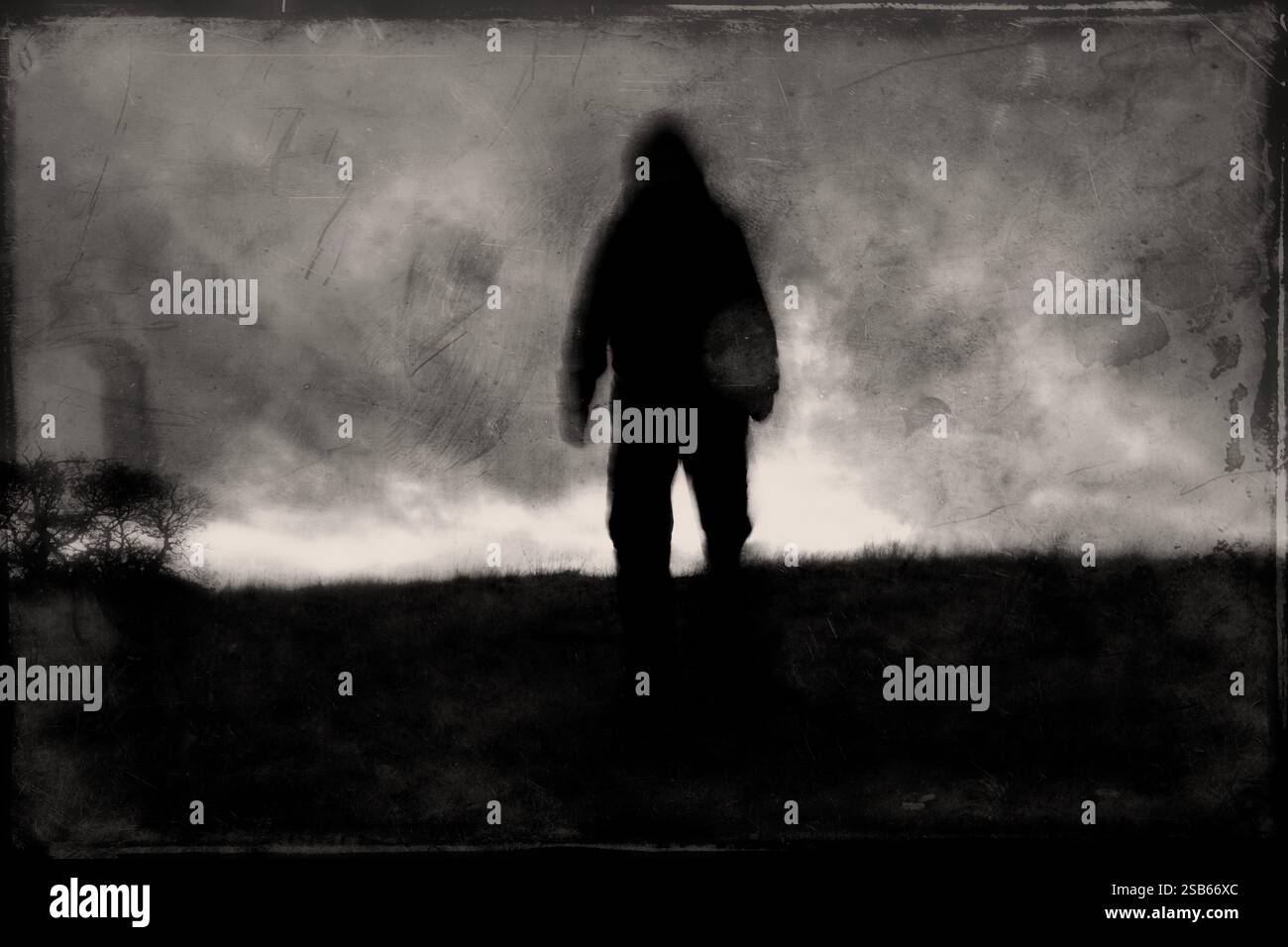 A blurred ghost like figure. walking towards the camera with a dark ...