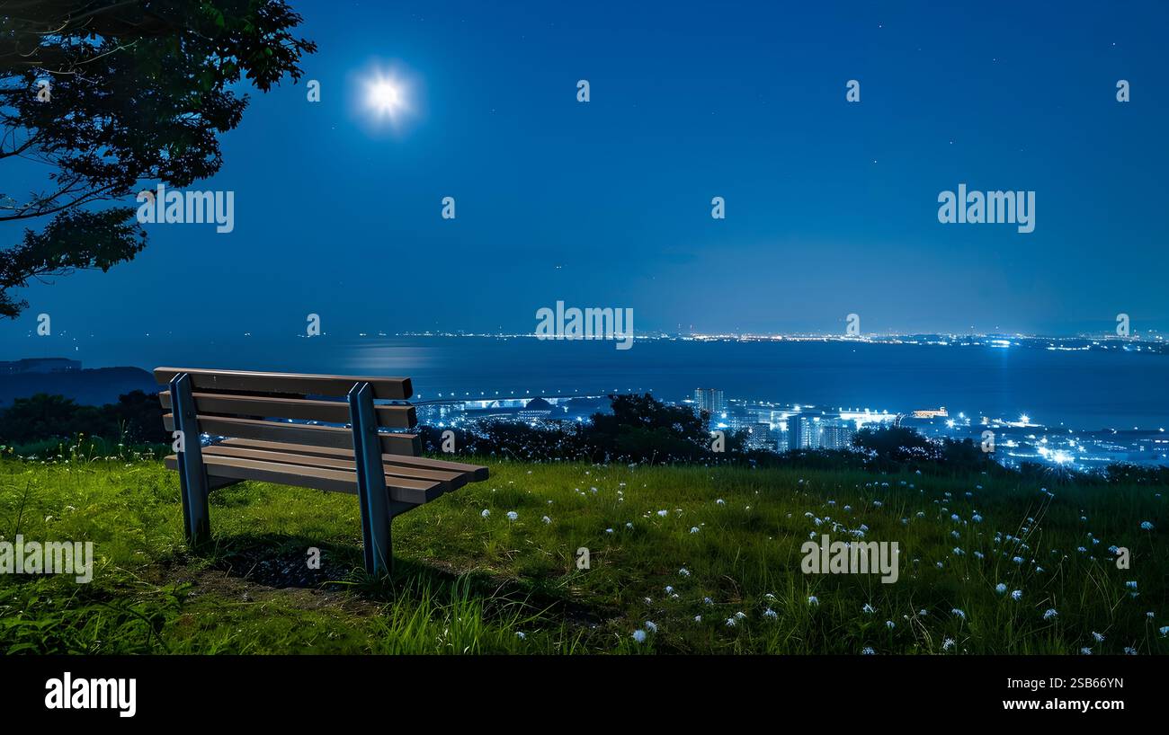 A breathtaking nighttime landscape featuring a solitary bench situated ...