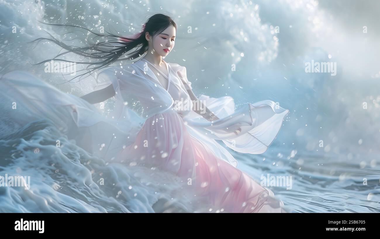 A breathtaking scene of a woman in a delicate white and pink dress ...