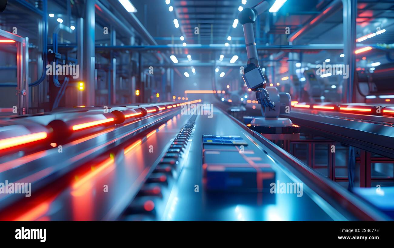 A dynamic and technologically advanced factory scene,featuring a fully ...