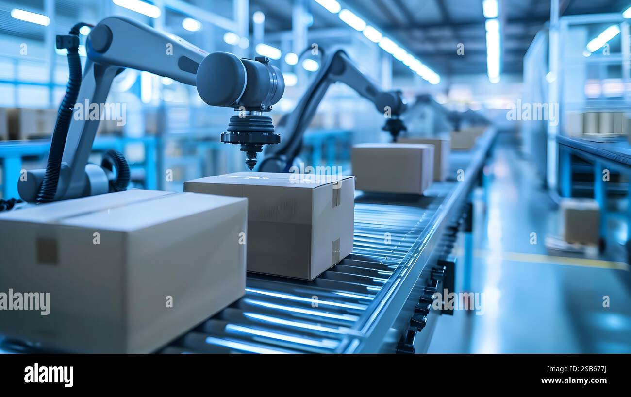 This image depicts a sleek,highly efficient packaging line in a modern,high-tech industrial ...