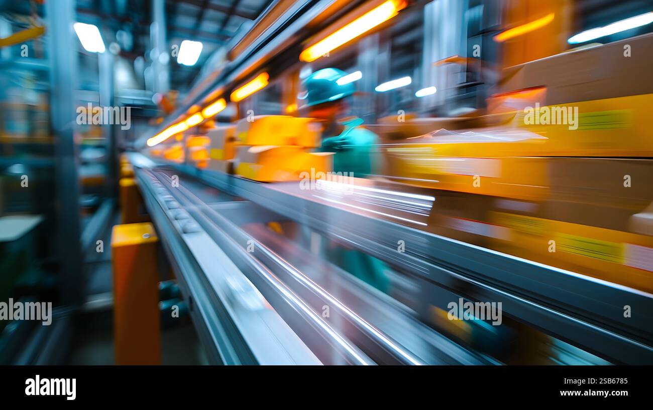 This dynamic image captures an automated packaging line in a bustling ...
