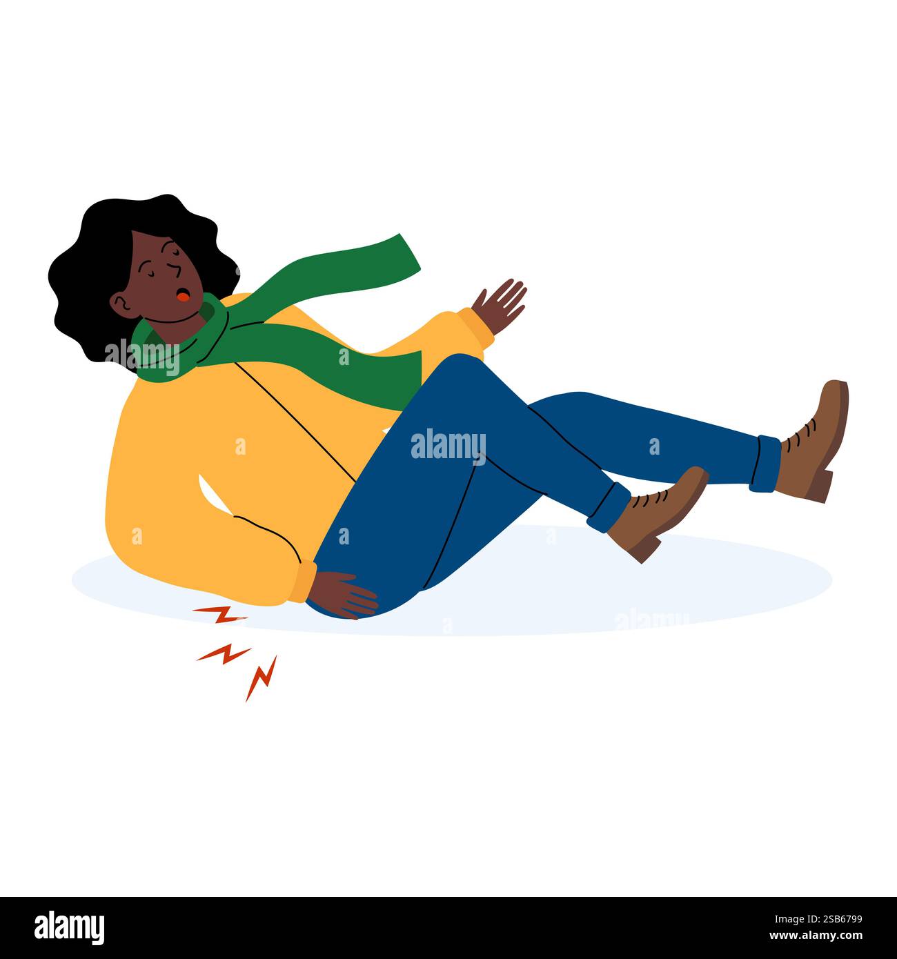 A woman slips on a slick surface during winter, landing on the ground ...