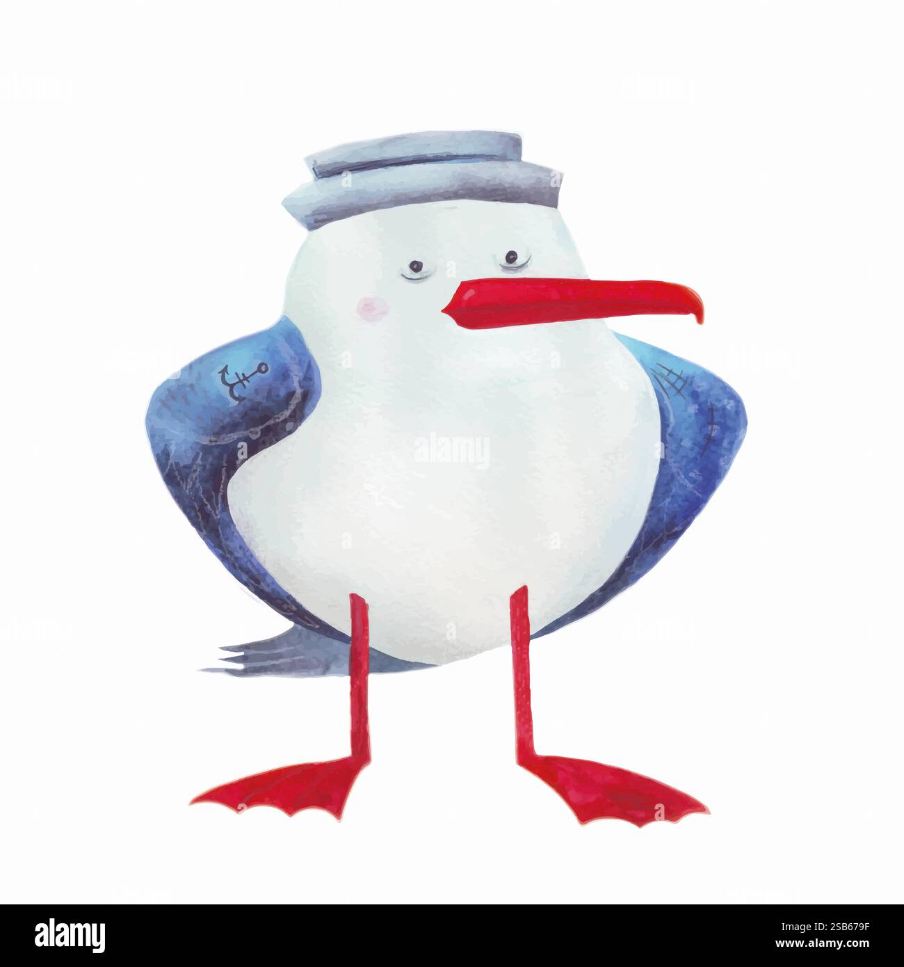 A cartoon seagull wearing a sailor hat stands with a playful expression ...