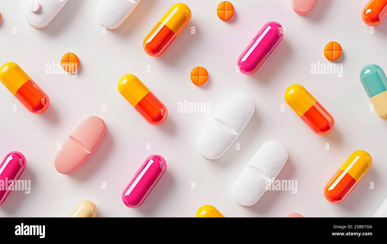 This image depicts an array of various multi-colored medication tablets ...