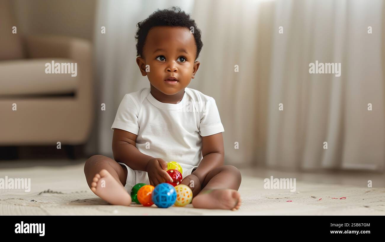 A charming 3-year-old African boy sits on a beige floor,surrounded by ...