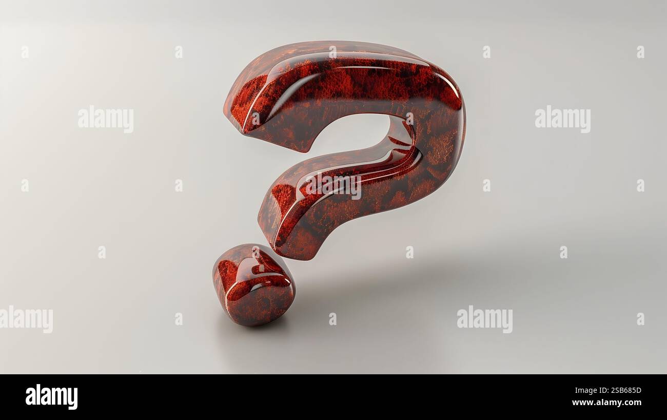 A large,glossy,and reflective 3D question mark shape floats against a ...