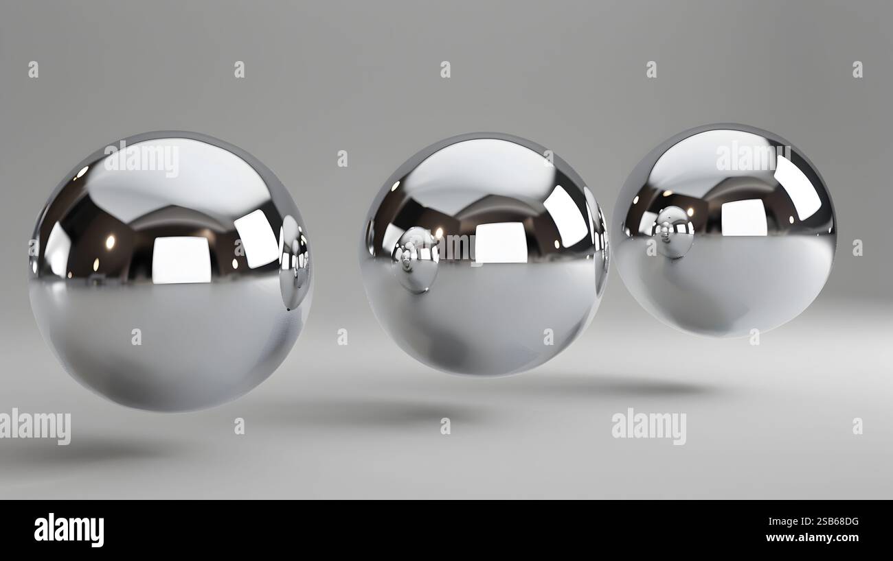 Three gleaming chrome spheres suspended in a serene,monochromatic gray ...