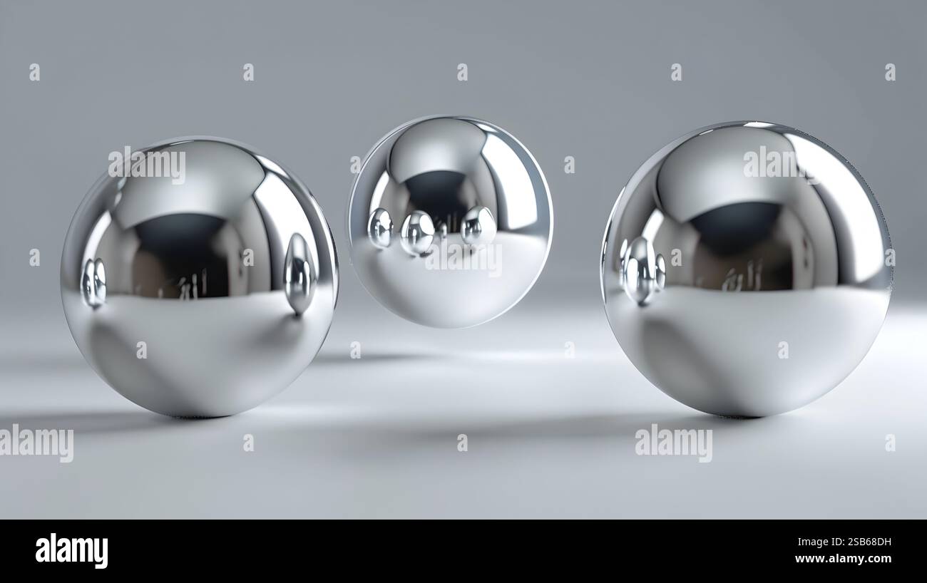 Three glossy,highly reflective chrome spheres suspended in the air ...
