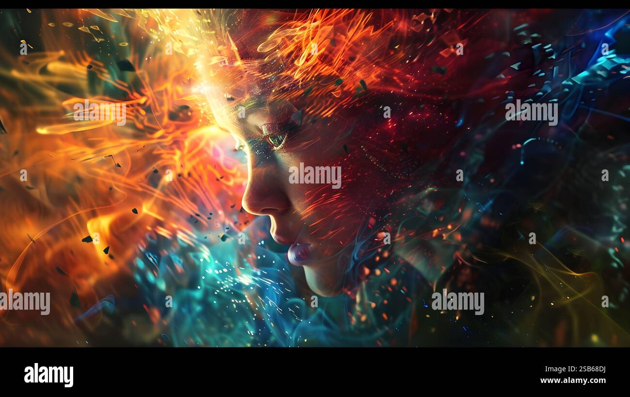 This captivating digital artwork showcases a striking portrait bathed ...
