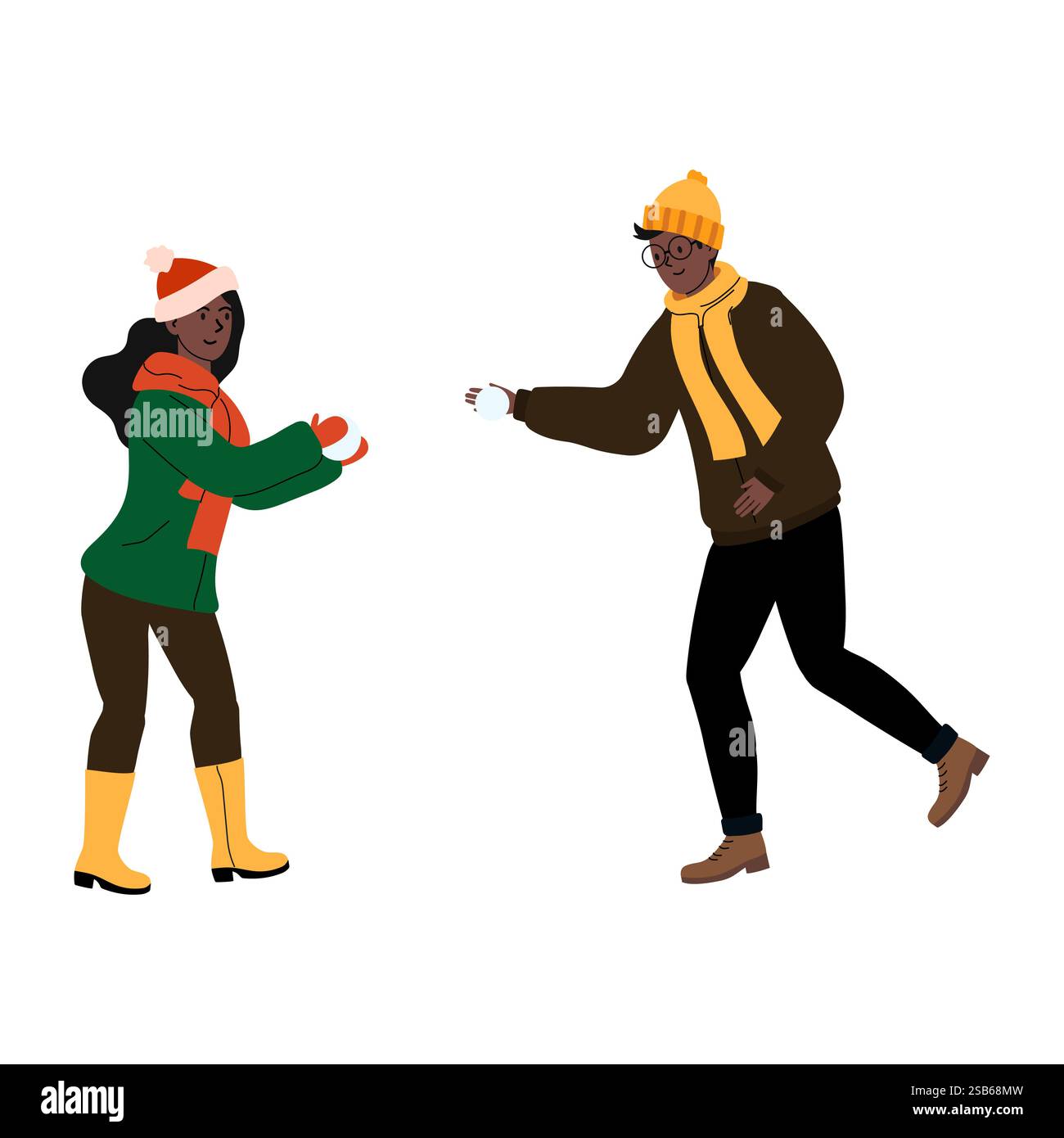 Two friends engage in a lively snowball fight, smiling and laughing as ...