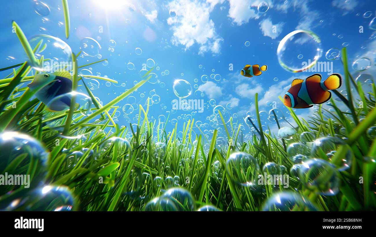 This image depicts a breathtaking underwater scene,where a lush and ...