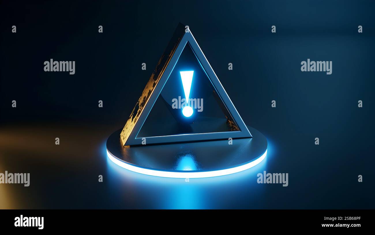 This image depicts a 3D rendered warning icon in the shape of a blue ...