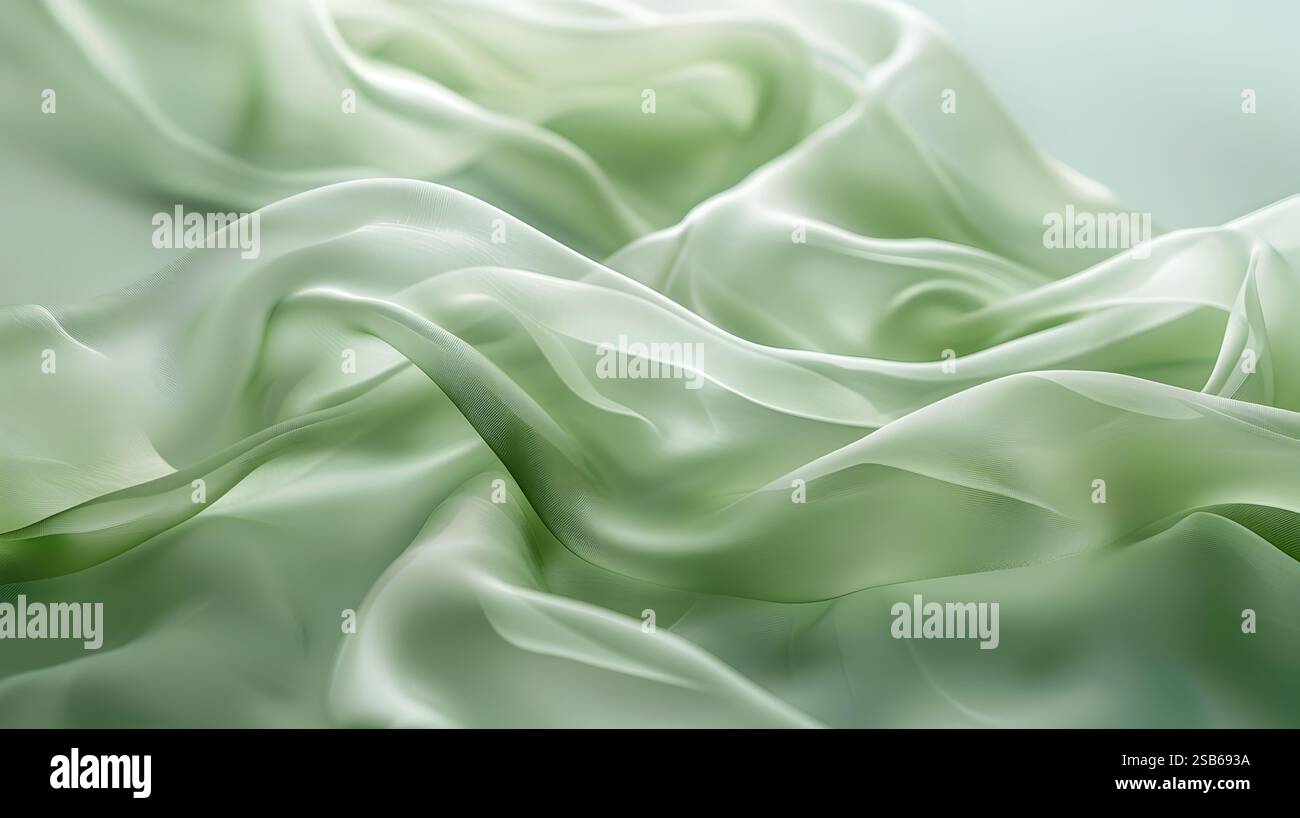 This image depicts a close-up view of a luxurious,light green silk ...