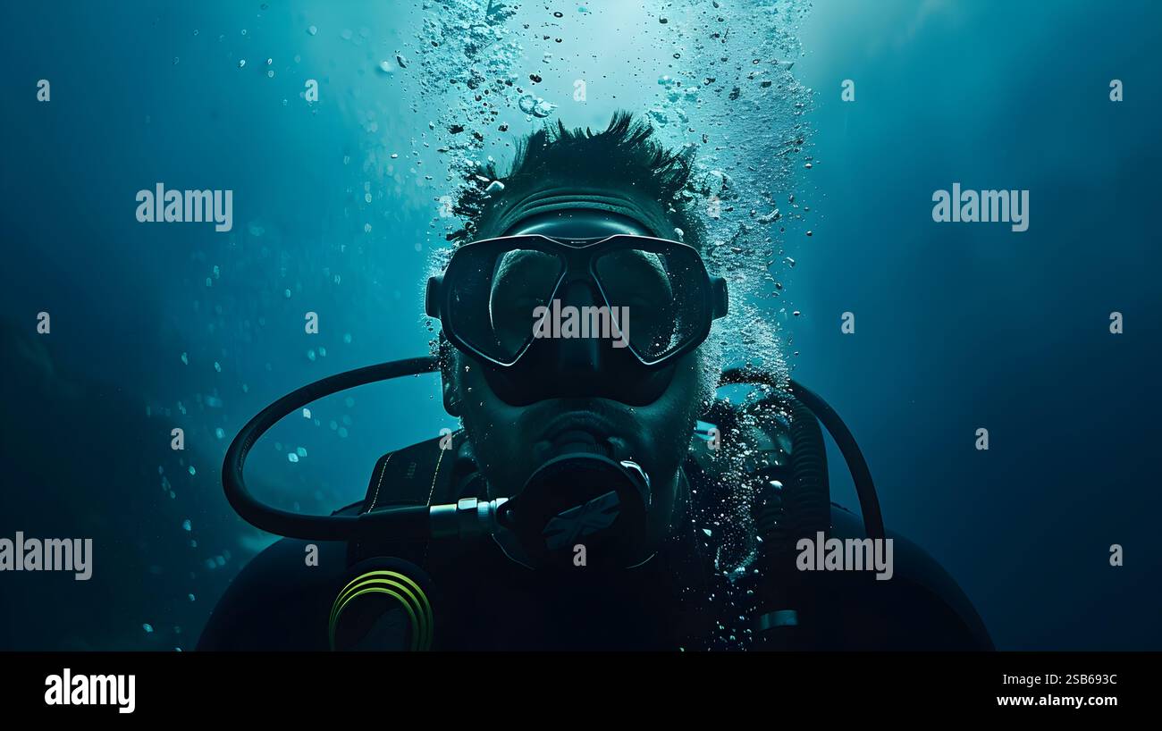 The image depicts a solitary scuba diver exploring the vast and ...