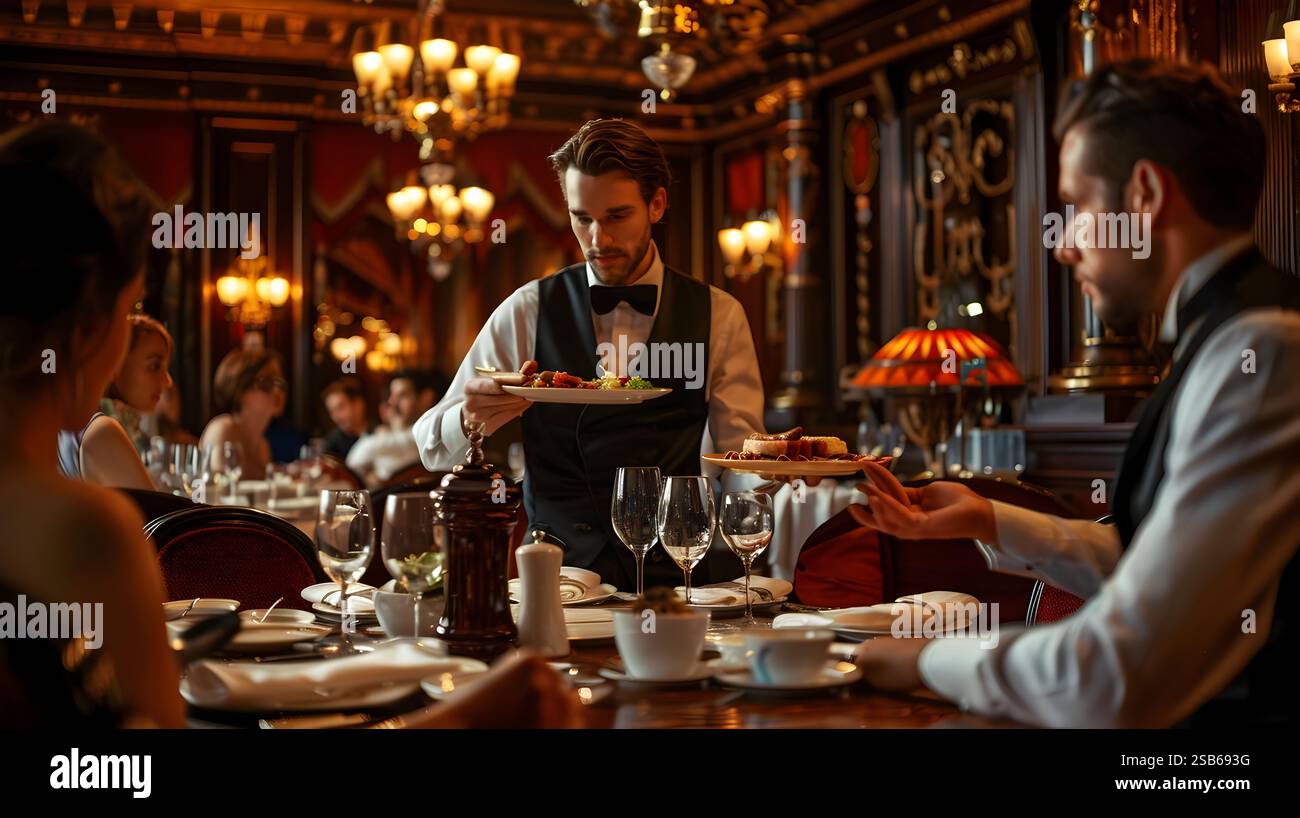 This image depicts a luxurious fine dining restaurant setting,with an ...