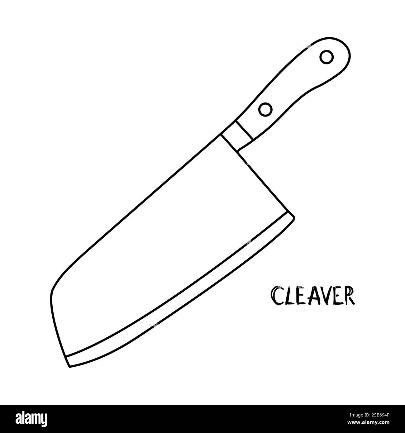 This detailed black and white line drawing depicts a sharp knife with a ...