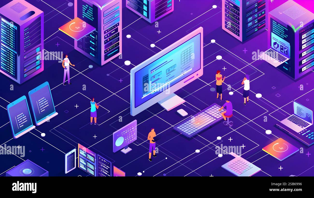 A vibrant isometric view of a busy web hosting scene showcases multiple ...