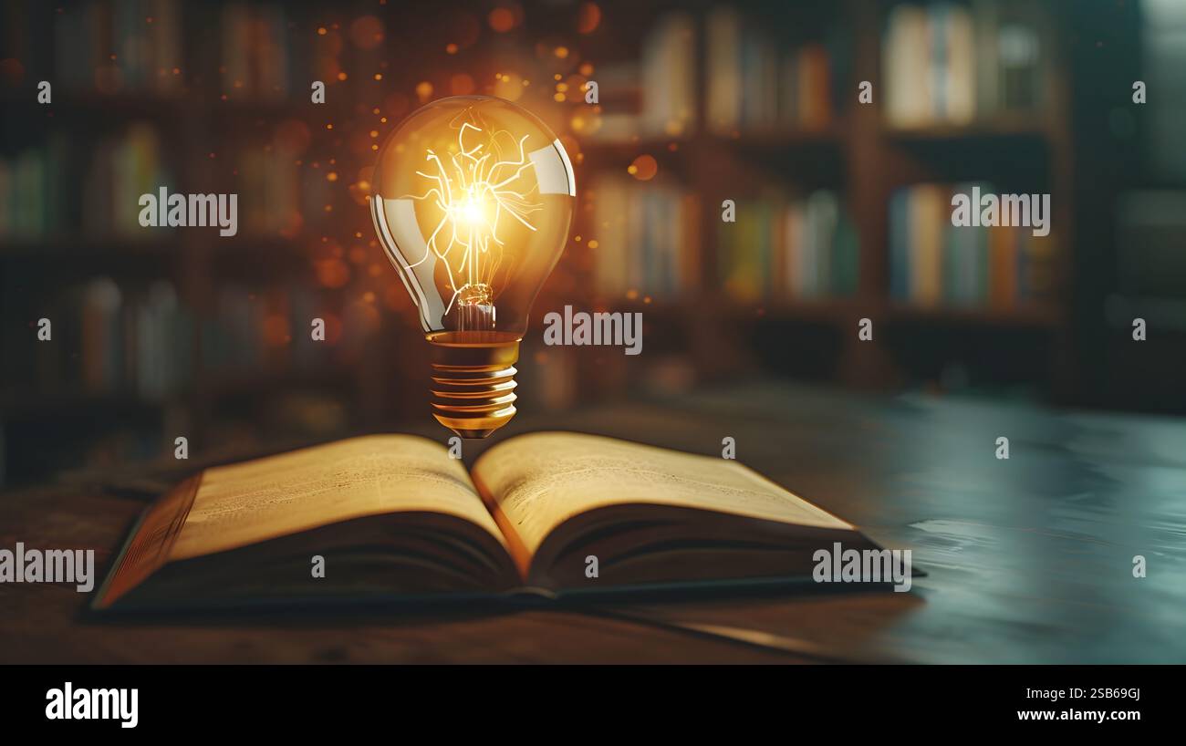 This striking 3D depicts a glowing light bulb floating above an open ...