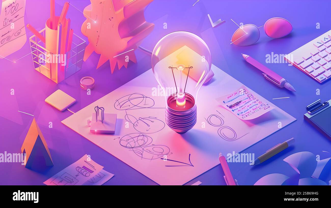 This image depicts an isometric design of a workspace,with a light bulb ...