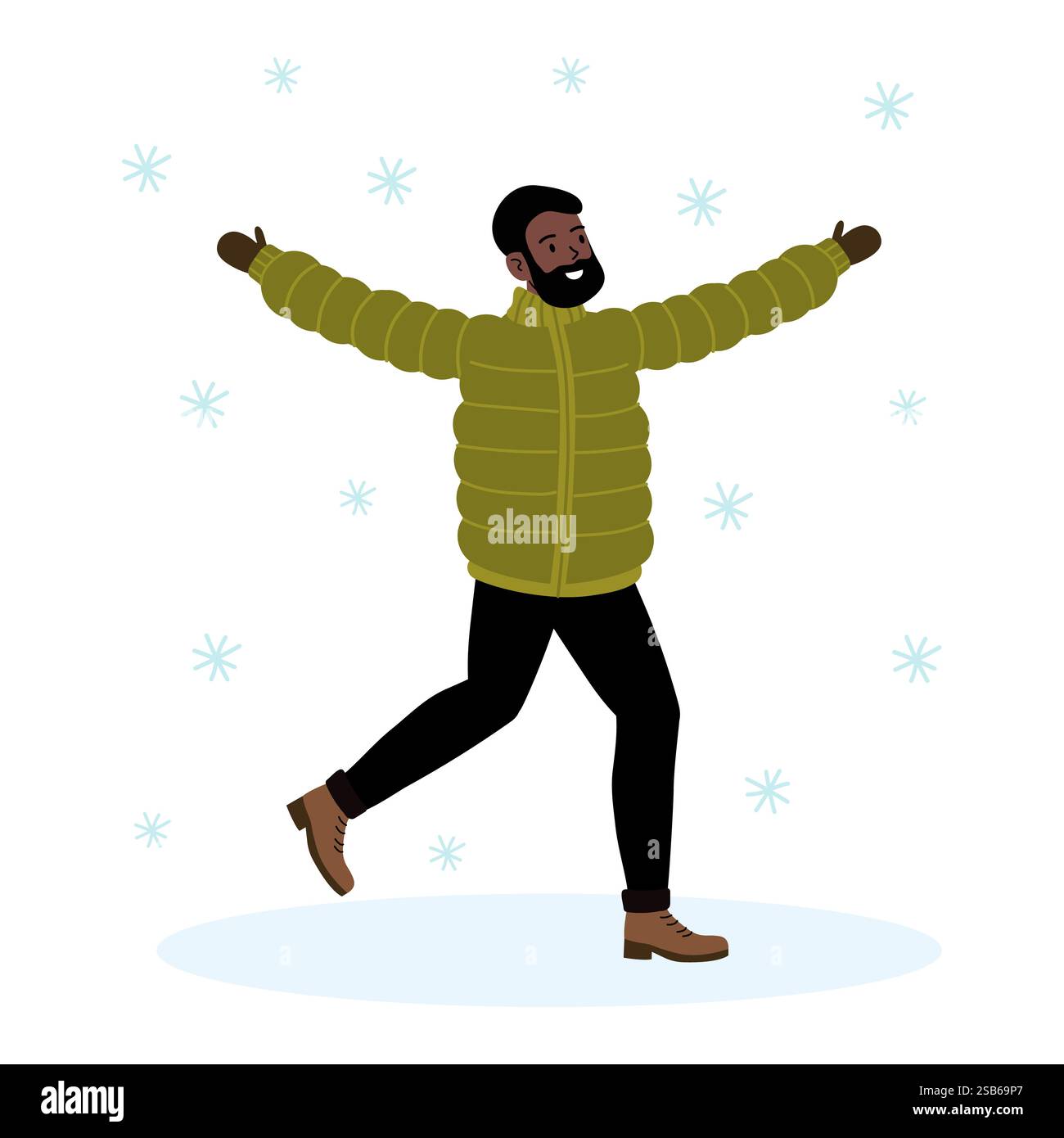 A man stands in a winter landscape, joyfully spreading his arms while ...