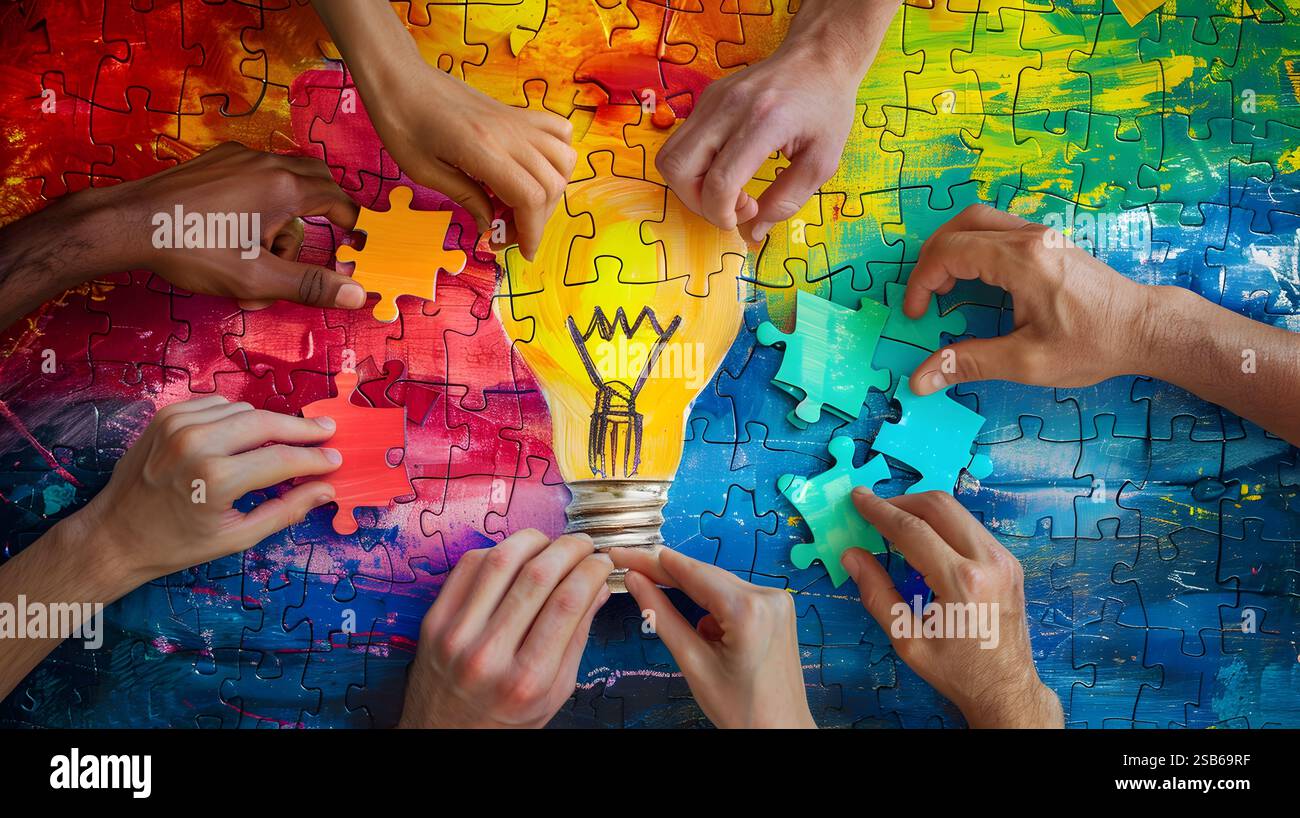 This vibrant and colorful image depicts multiple hands collaboratively ...