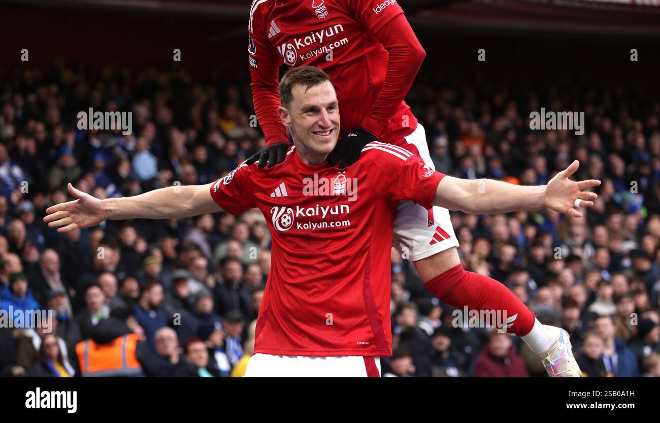 Nottingham, UK. 01st Feb, 2025. Chris Wood (NF) celebrates scoring the ...