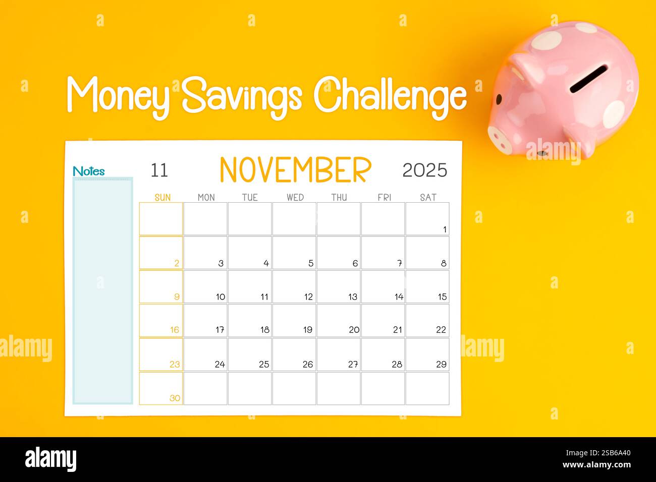 November 2025 calendar and pink piggy bank. Money savings challenge ...