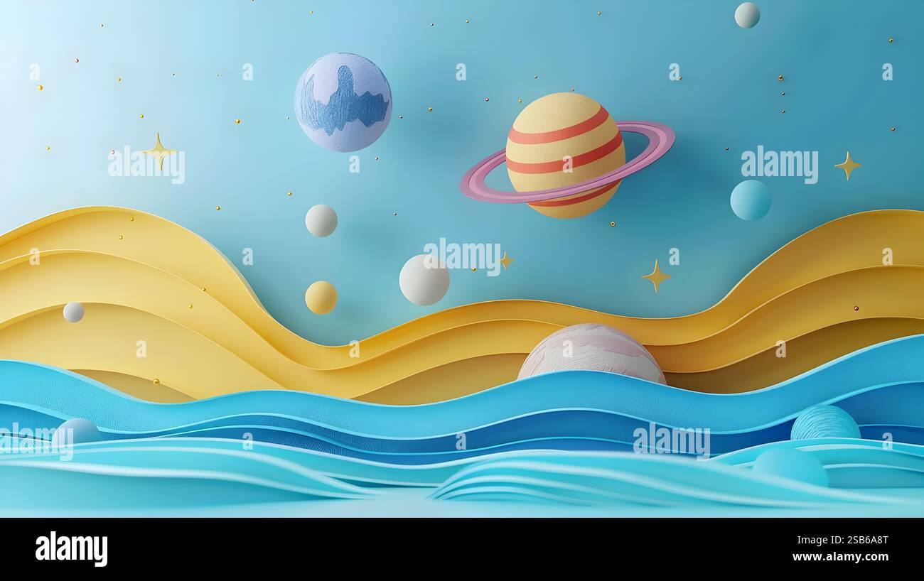 This image depicts a minimalist,paper cutout-style of a cosmic,space ...