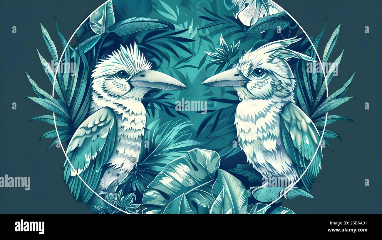 This detailed botanical depicts two exotic birds perched within a ...