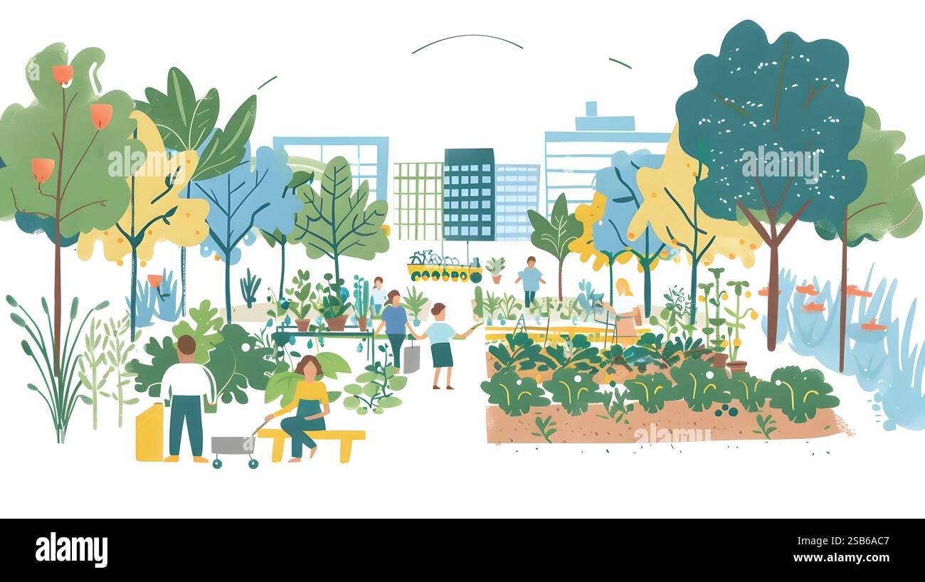 This vibrant depicts a lush community garden set against a backdrop of ...