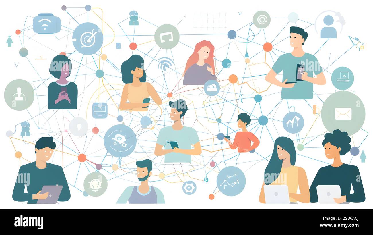 A line depicting a diverse group of people using various digital ...