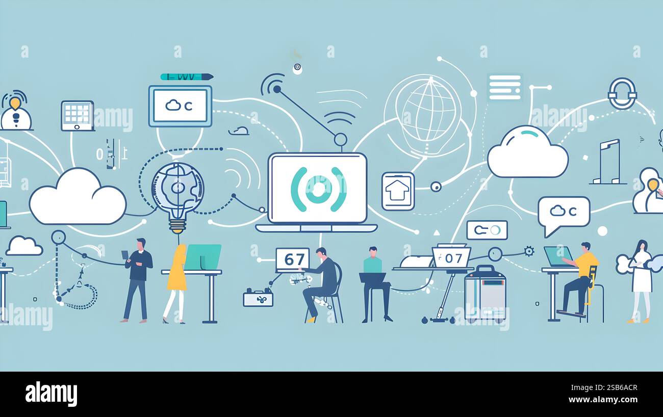 This line depicts a dynamic digital landscape where various devices and ...