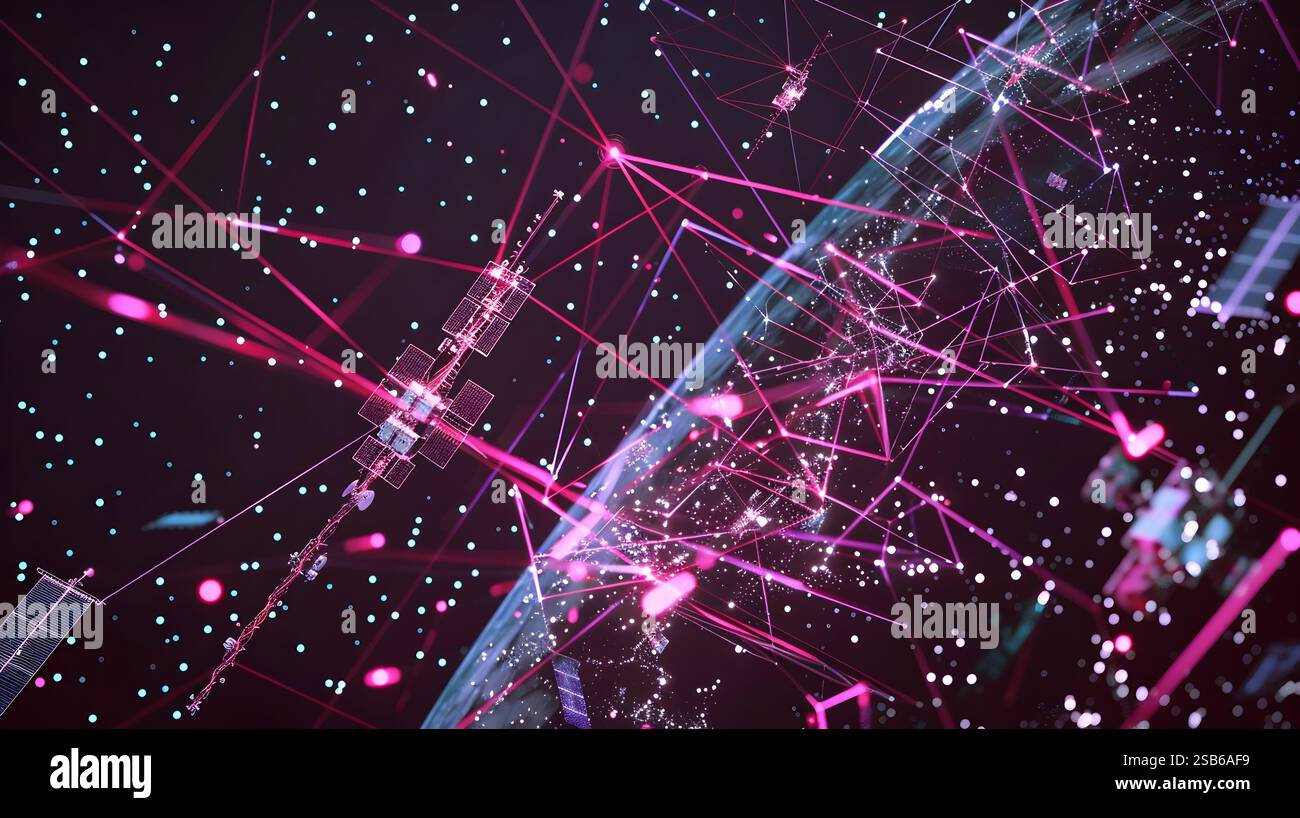 This image is a creative visualization of a future 6G network infrastructure,featuring a complex ...