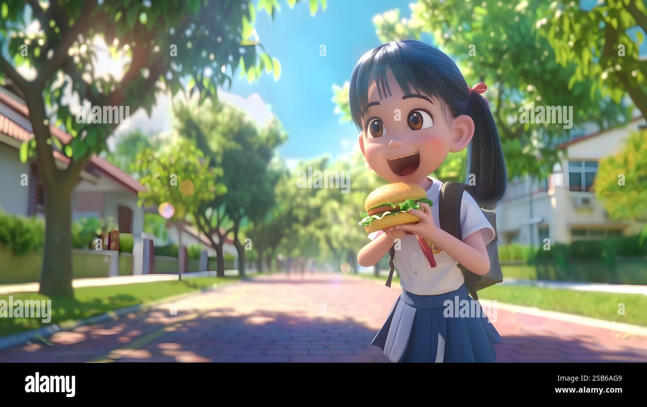 An animated depicting a young Thai schoolgirl in crisp uniform,happily ...