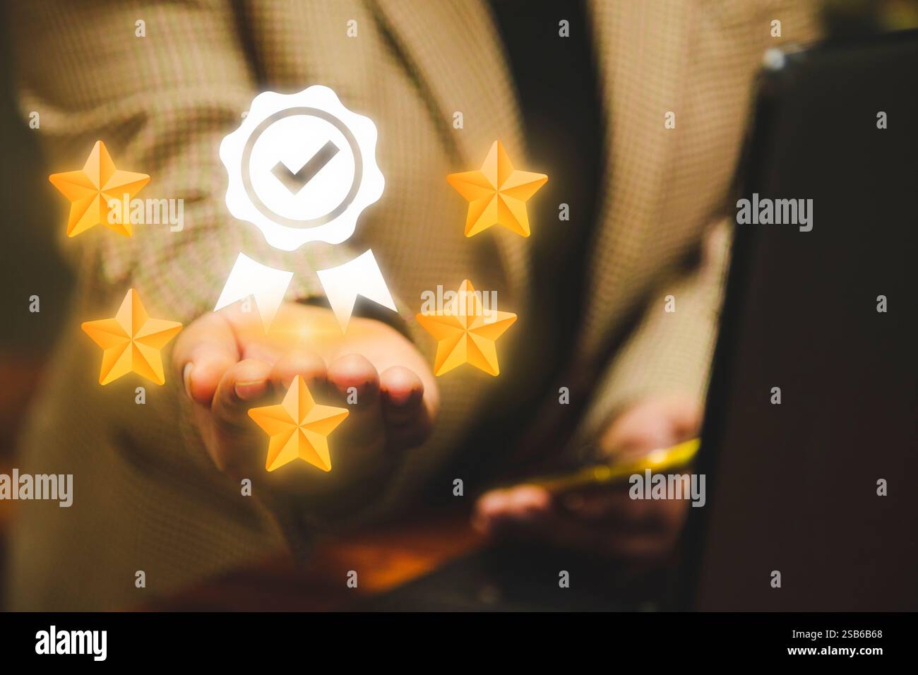 Woman showing ideas warranty, international standard, ISO quality ...