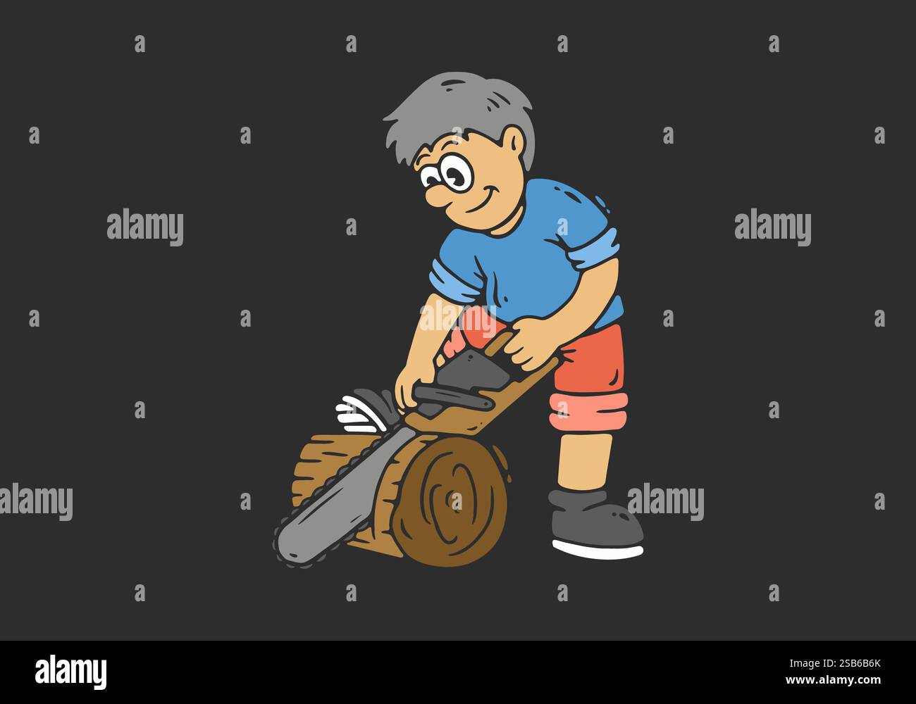 Wood splitter mascot character is splitting wood using a chainsaw. Flat ...