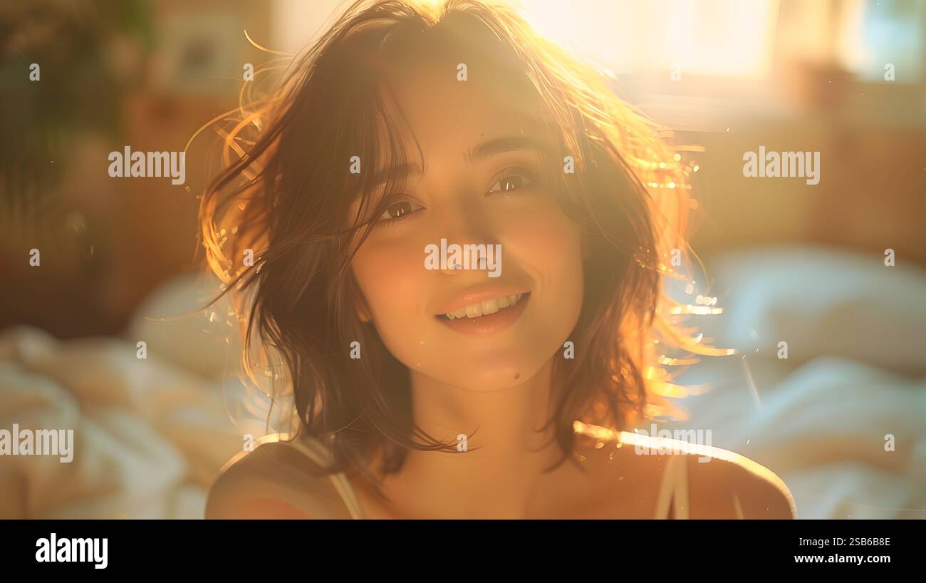 A young Asian woman beams with a warm,genuine smile as she stands in ...