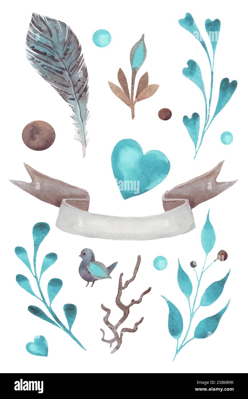 bird feather watercolor vector illustration for graphic design pattern ...