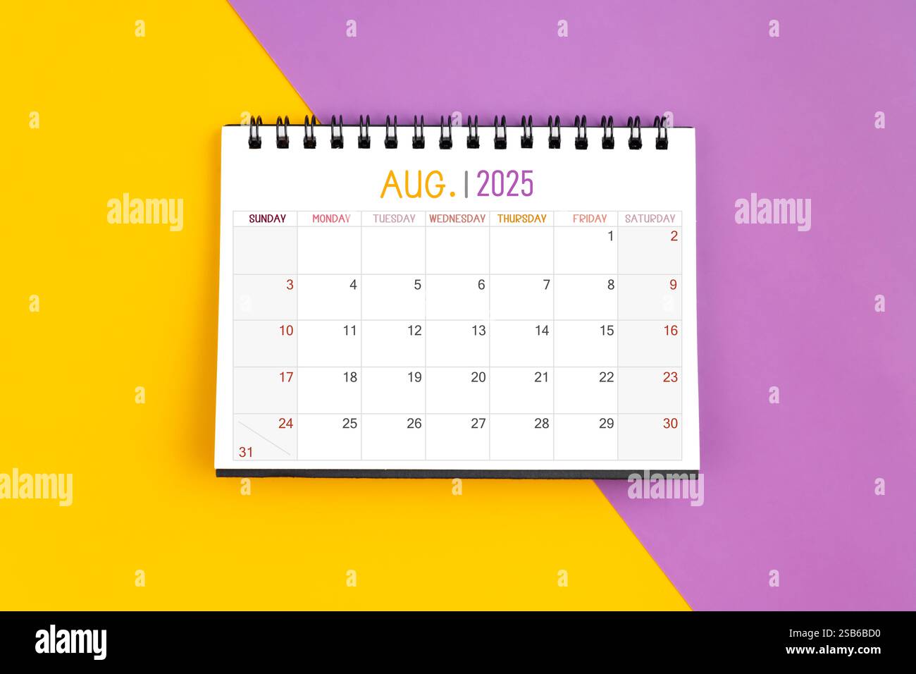 August 2025 Monthly desk calendar for 2025 year on yellow and purple ...