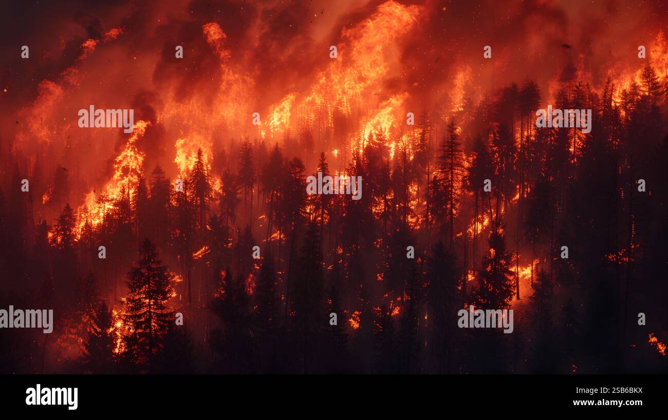This dramatic image captures the intensity of a raging forest fire,with ...