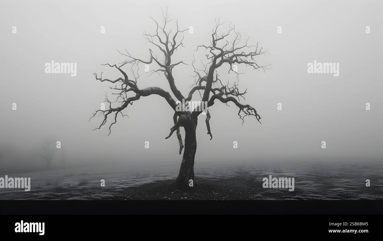 This image depicts a solitary,leafless tree standing alone in a field ...
