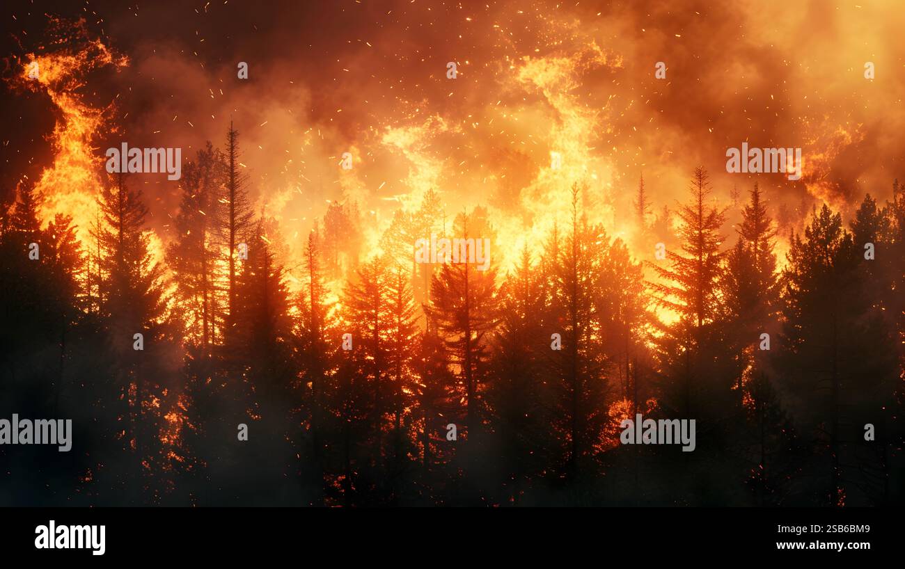A powerful,raging forest fire engulfs a vast expanse of towering trees,creating an apocalyptic ...