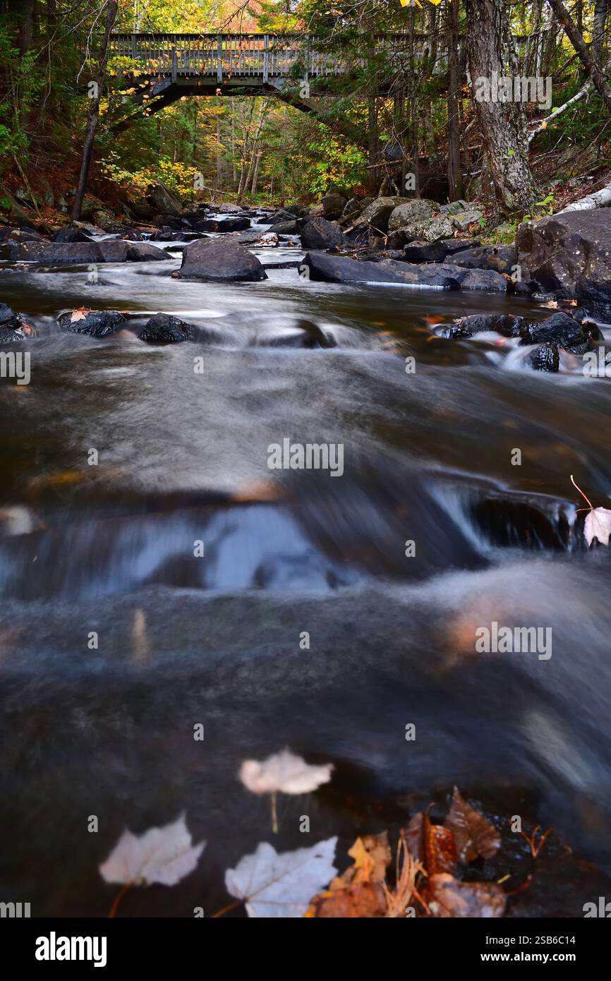 Fresh water creek during fall season. Long exposure. Pedestrian wood ...