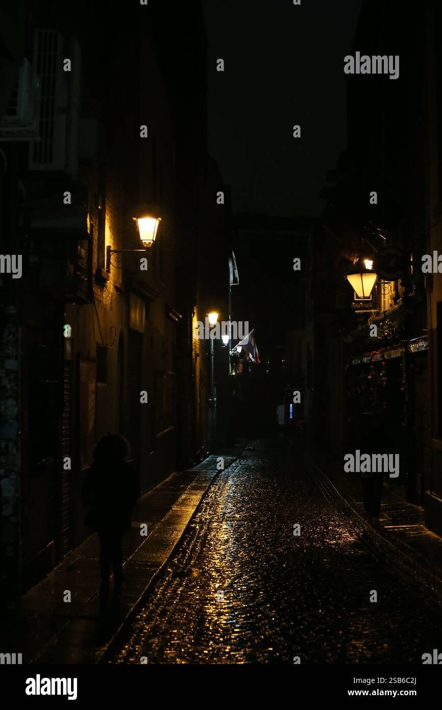 Dublin, Ireland - 28th January 2025 - a dark laneway in Temple Bar ...