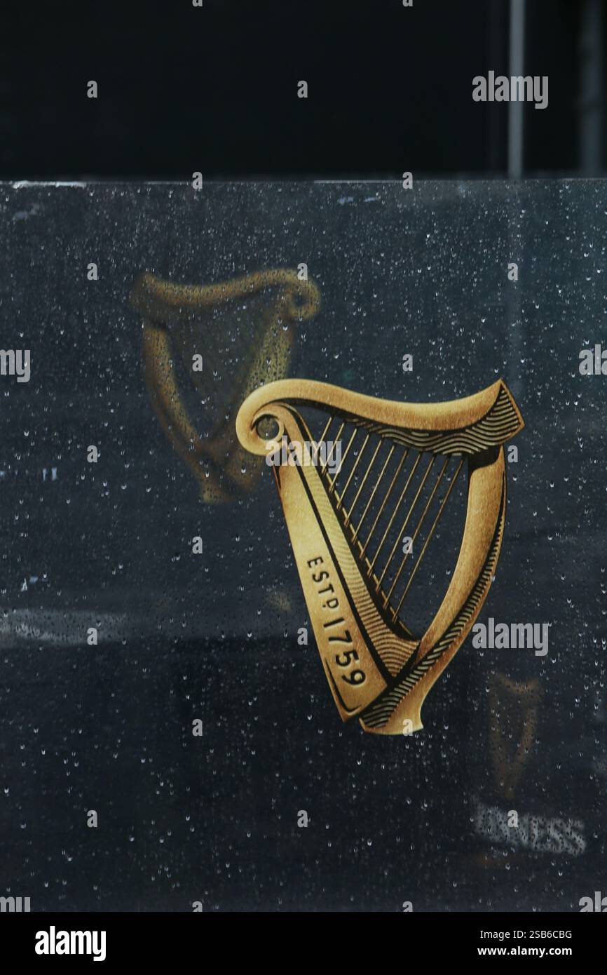 Dublin, Ireland - 28th January 2025 - the Guinness harp logo on a rain ...